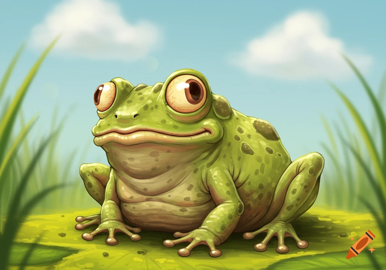 A cartoon frumpy green frog with big eyes sits in a grassy field under ...