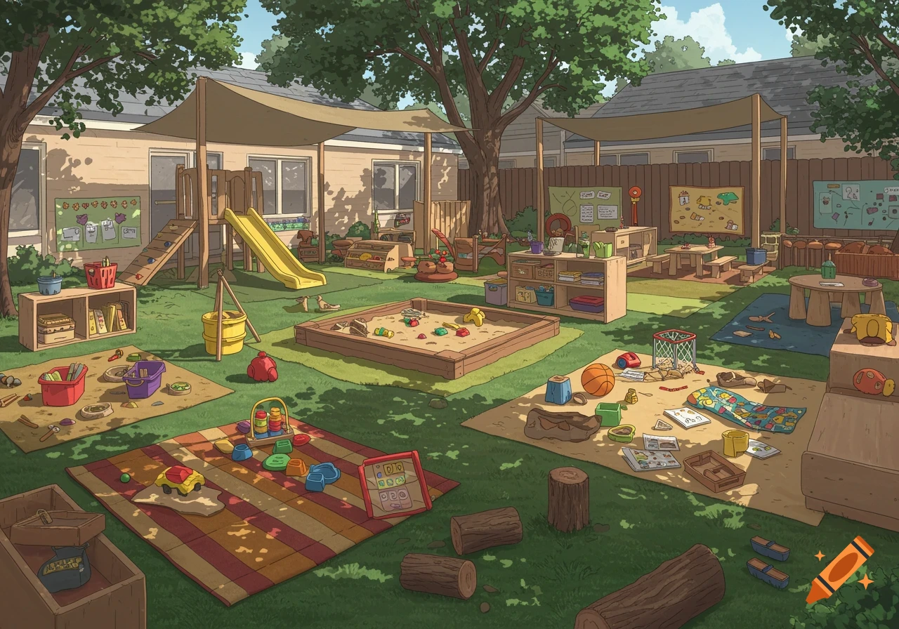 An illustrated outdoor early childhood classroom with a sandbox, slide ...