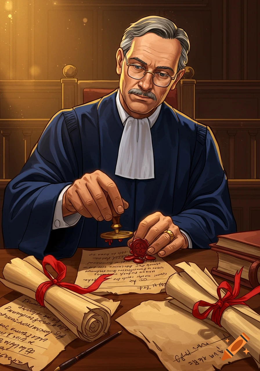 A serious judge in a blue robe and white collar seals a red wax stamp ...