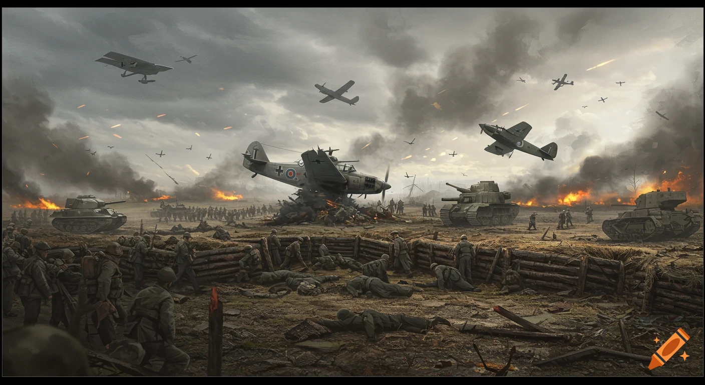 A dramatic painting of a WWII battlefield with a crashed plane, tanks ...