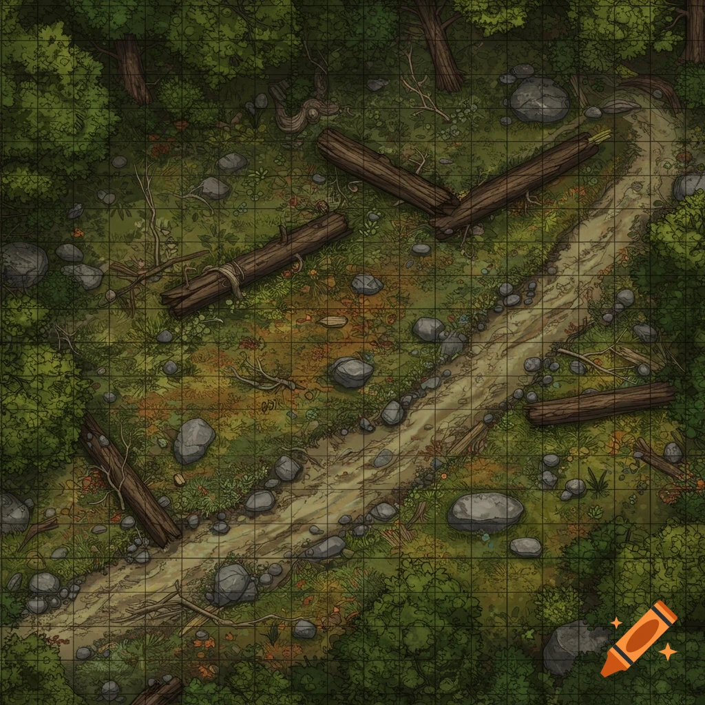 Overhead view of a fantasy forest battle map with a dirt path, fallen ...