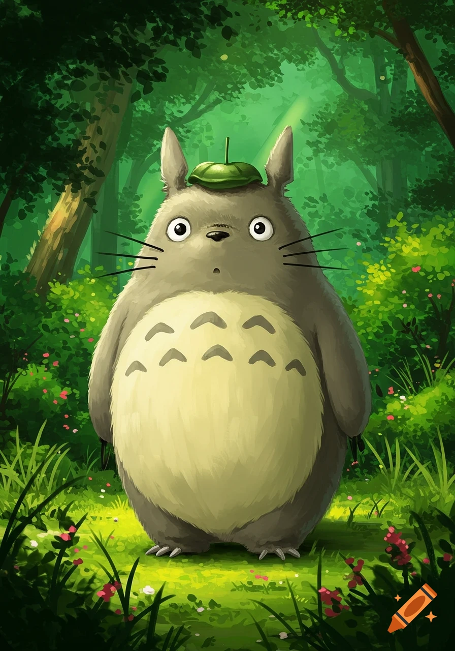 Totoro stands in a vibrant green forest, wearing a leaf hat. on Craiyon