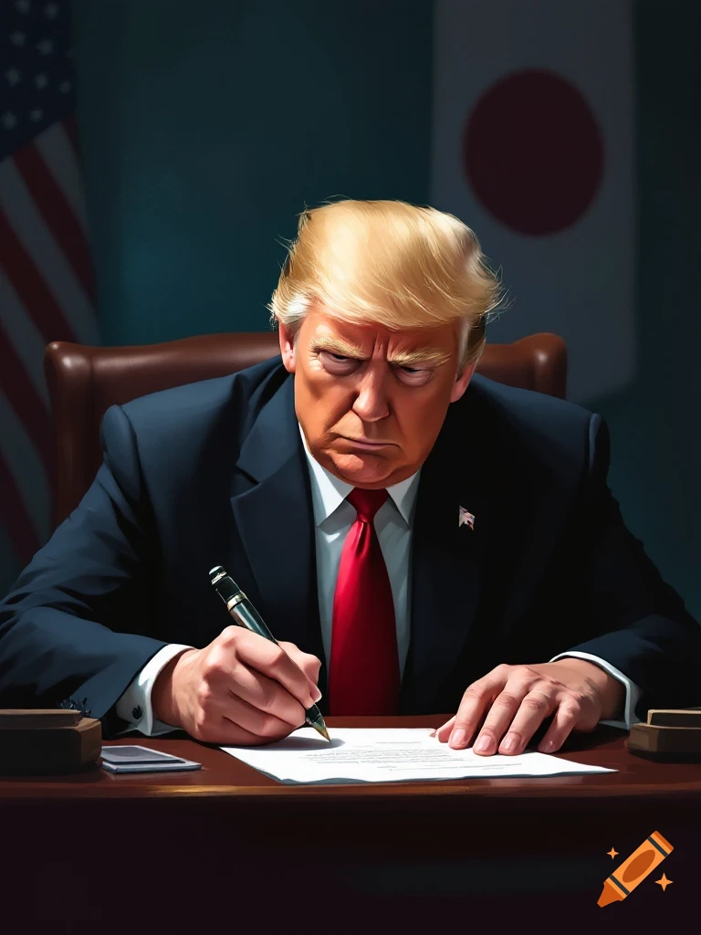 Stylized portrait of Donald Trump sitting at a desk, signing a document ...