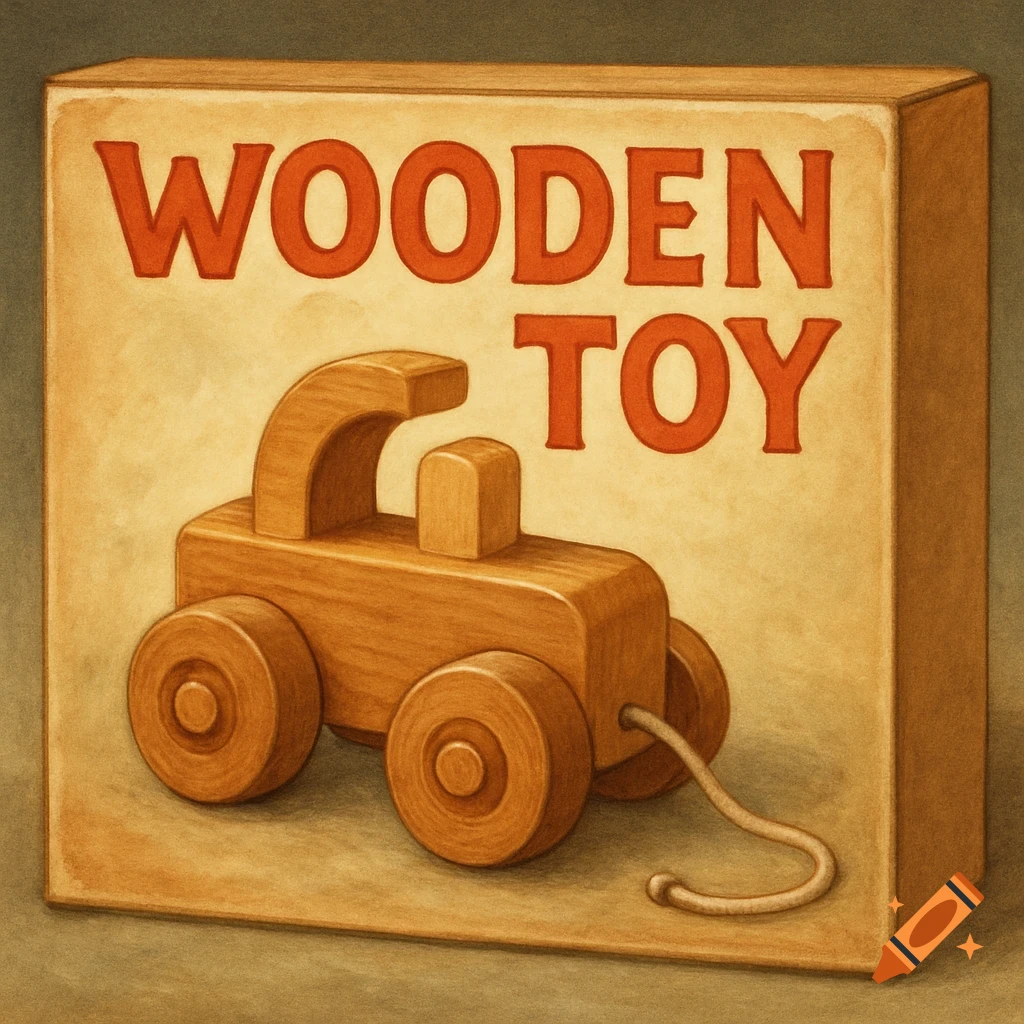 A stylized illustration of a wooden toy car on a package with the text ...