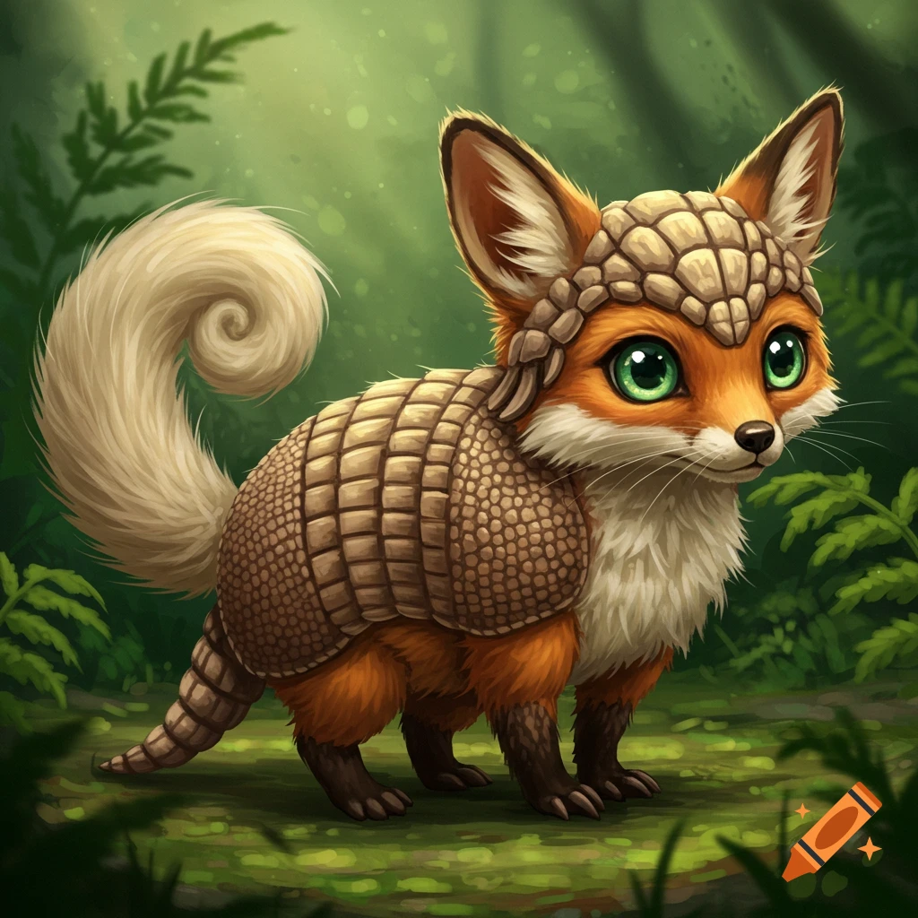 A cute, stylized fox-like creature with green eyes and armadillo armor standing in a lush forest ...