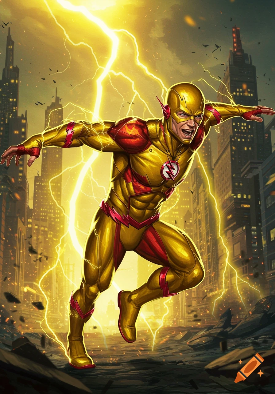 Reverse Flash, a golden and red speedster, runs through a city ...
