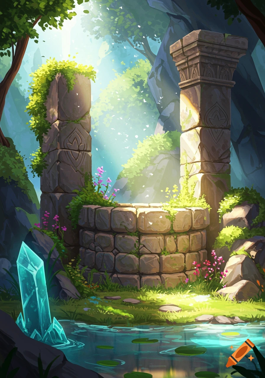 Vibrant fantasy illustration of a sunlit forest scene with ancient ...