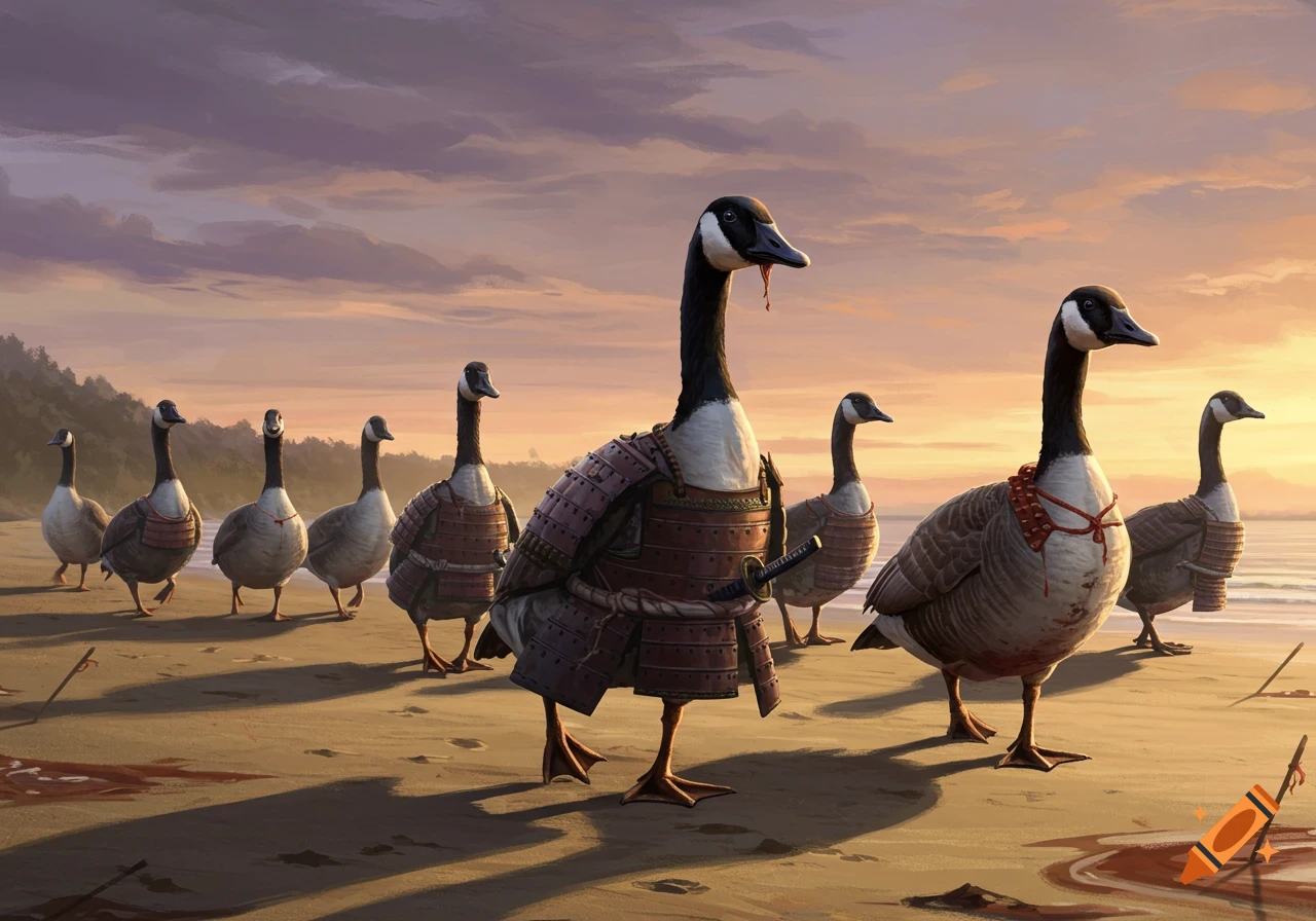 A line of Canada geese in samurai armor walks on a sandy beach at ...