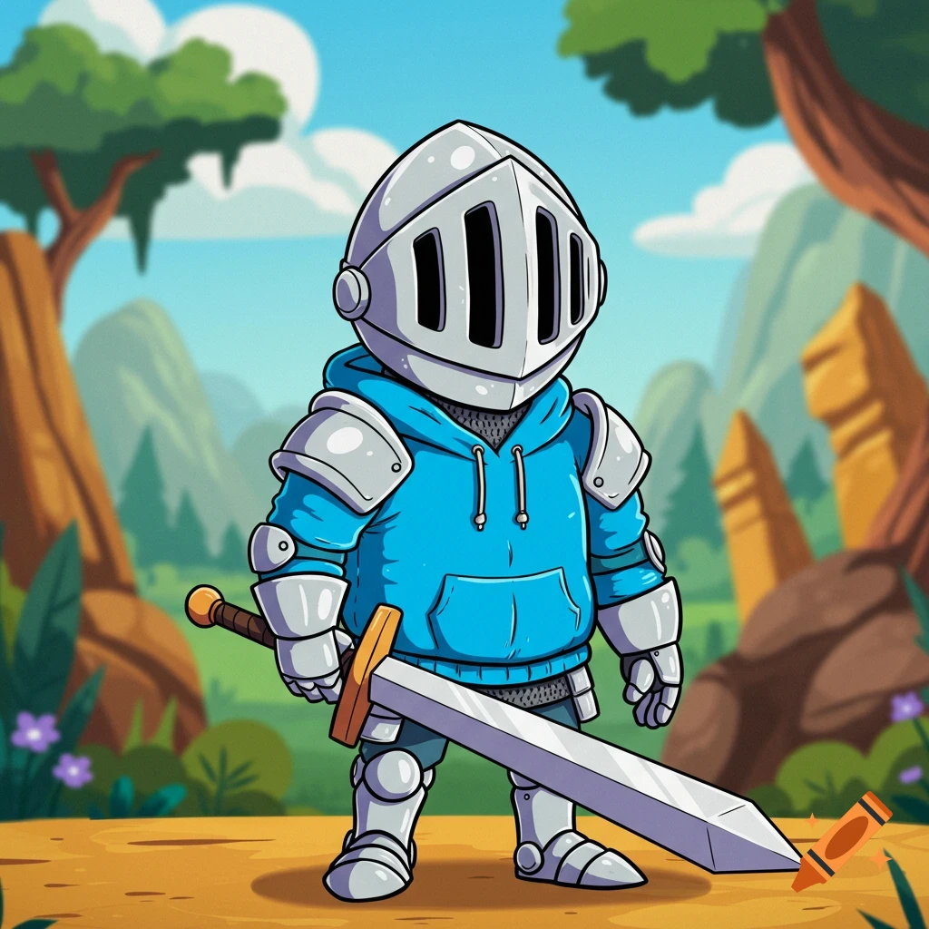 A cartoon knight wearing a blue hoodie and holding a sword stands in a ...