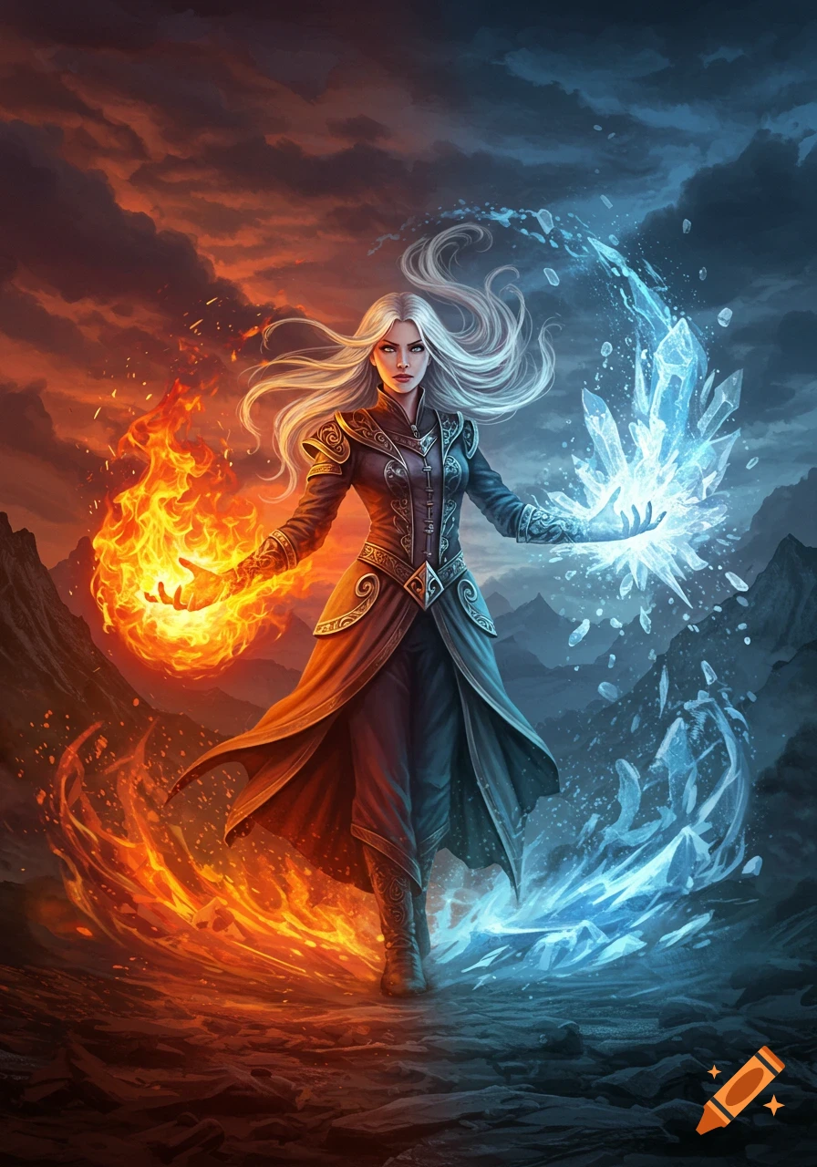 A white-haired female mage casts fire and ice spells, standing in a ...