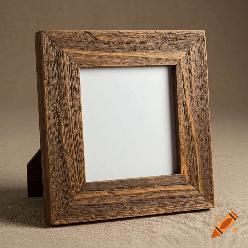 A rustic square timber photo frame with an empty white mat stands on a ...