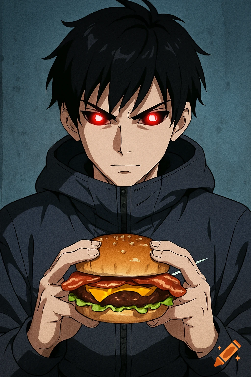An anime character with black hair and glowing red eyes holds a bacon ...