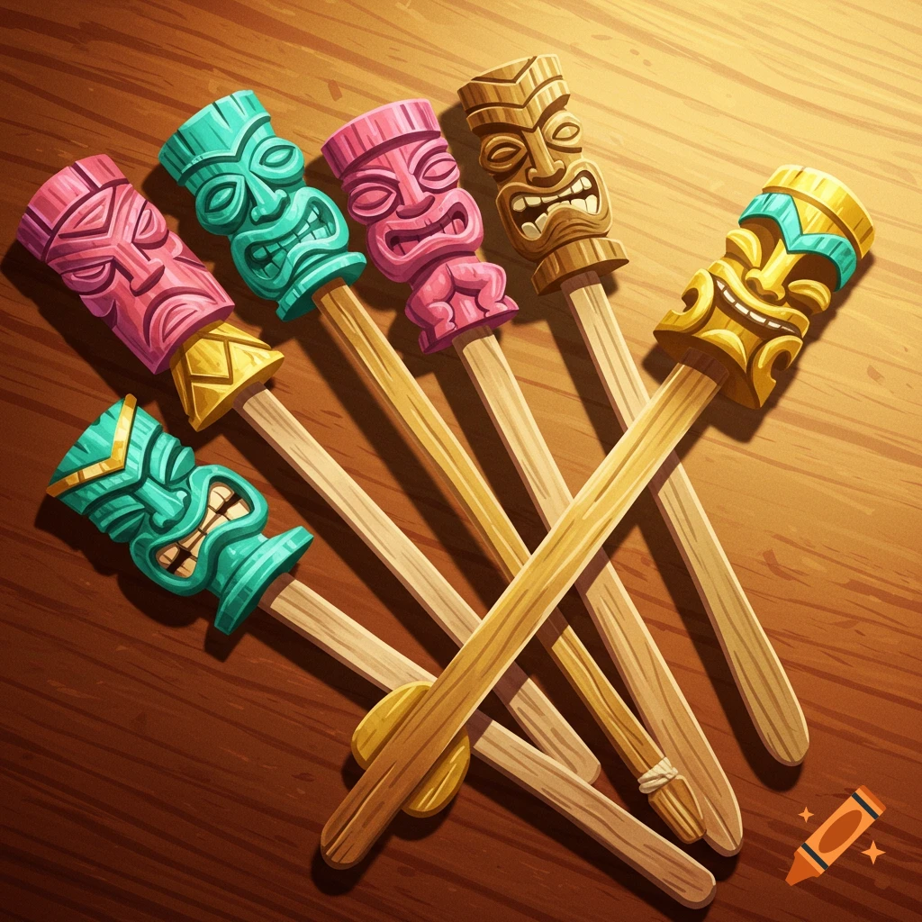 Colorful tiki-themed swizzle sticks with various facial expressions ...