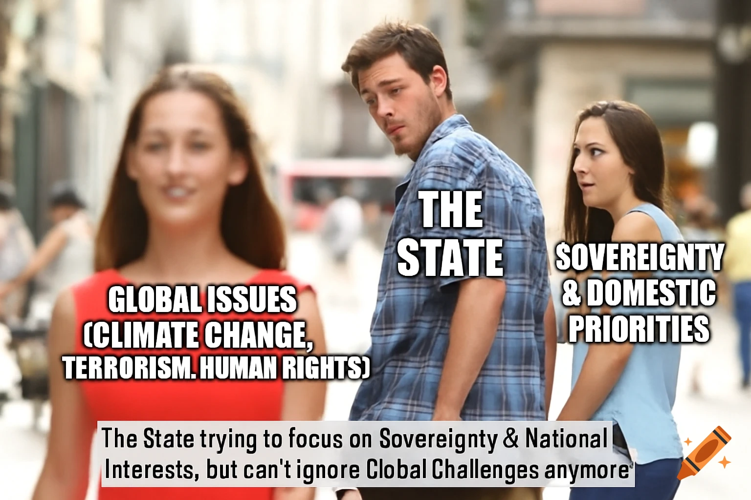 Distracted boyfriend meme. A man labeled 'THE STATE' looks at a woman ...