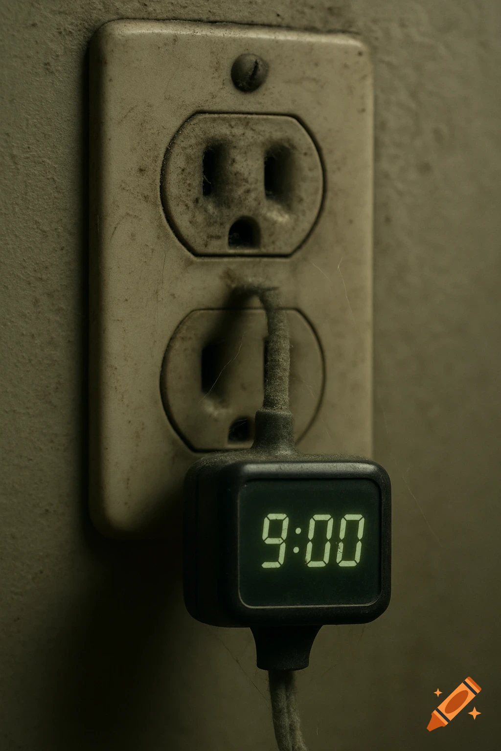 Extreme close-up of a dusty wall outlet with a digital clock plug ...