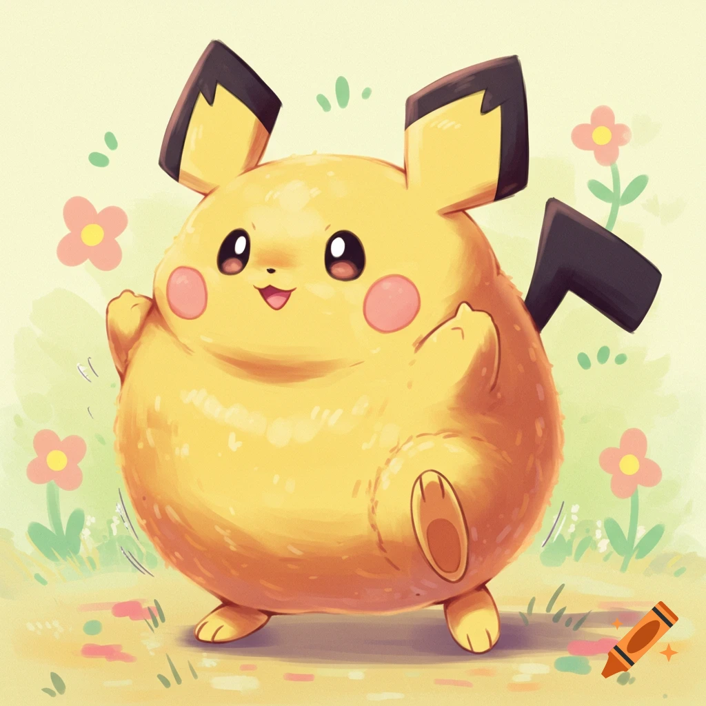 A cute, very round, yellow Pichu with large ears and a black tail ...