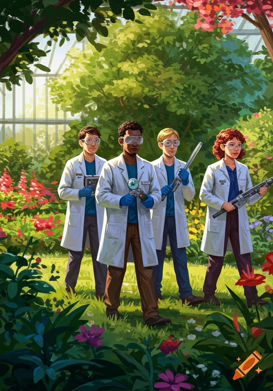 An illustration of four scientists in lab coats and safety goggles ...