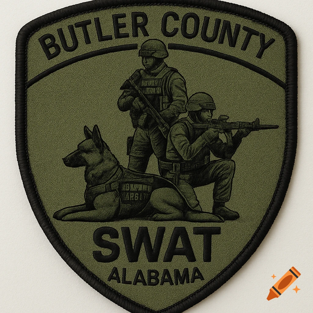 A shield-shaped, olive green and black patch featuring two SWAT ...