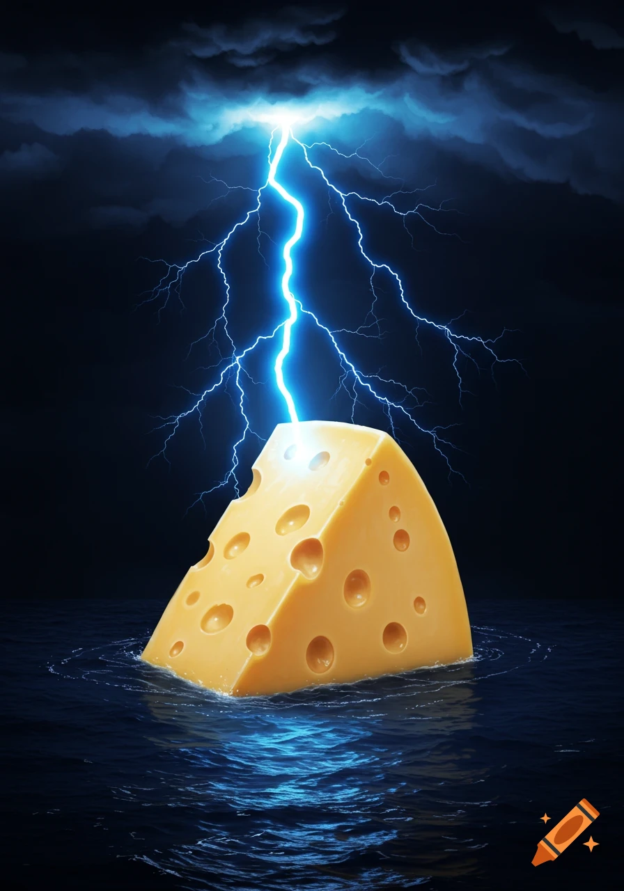 A large wedge of Swiss cheese floats in dark water, struck by a bright ...