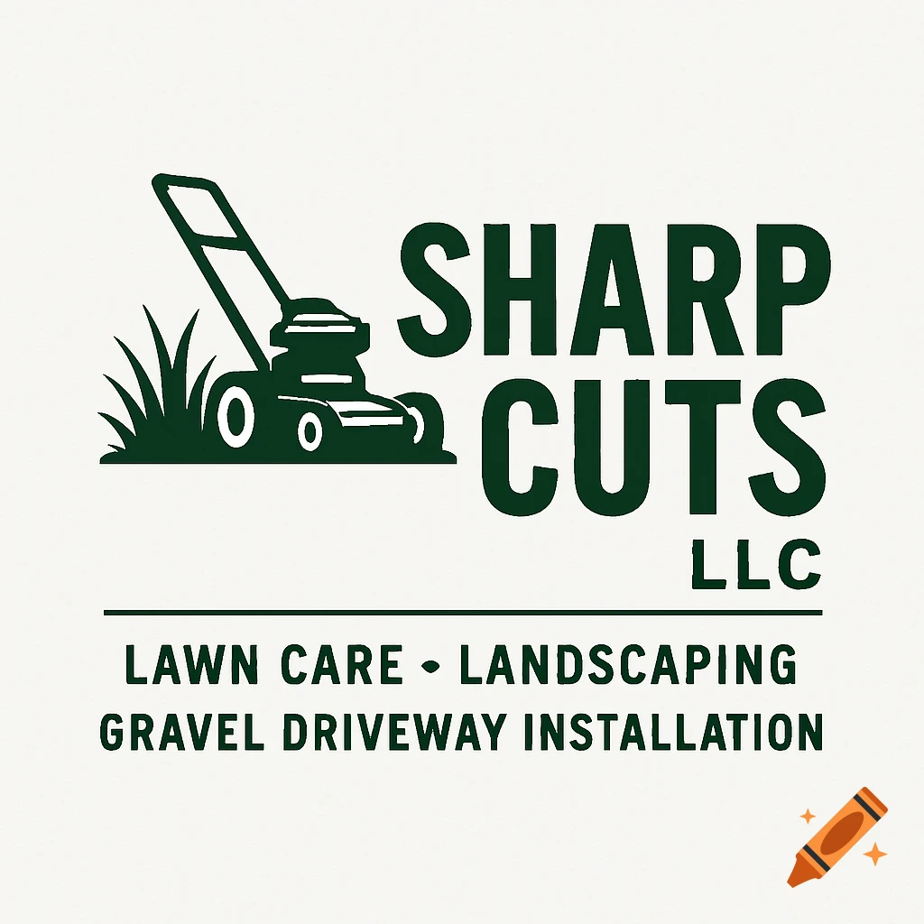 Green and white logo for Sharp Cuts LLC, featuring a lawnmower, grass ...