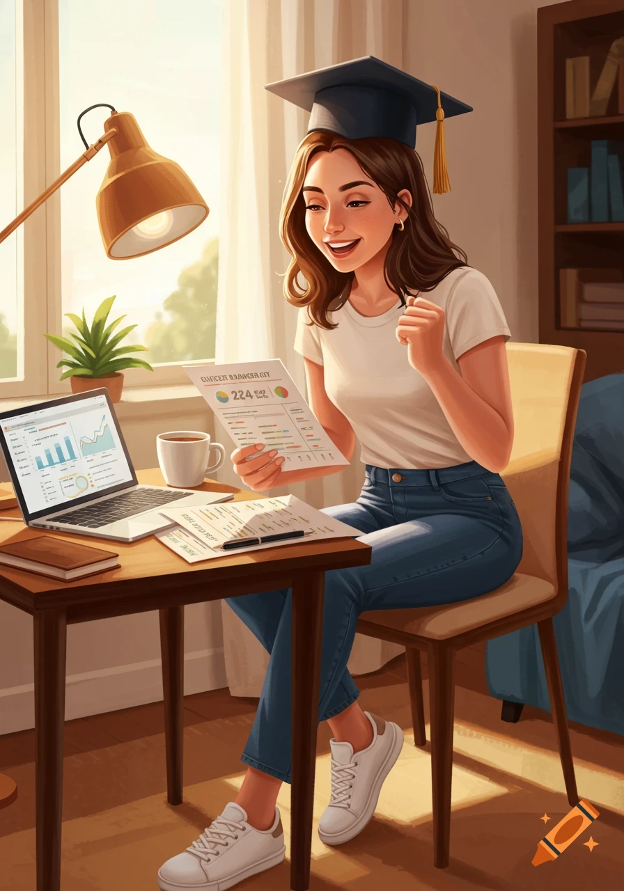 A happy young woman wearing a graduation cap, sitting at a desk with a ...