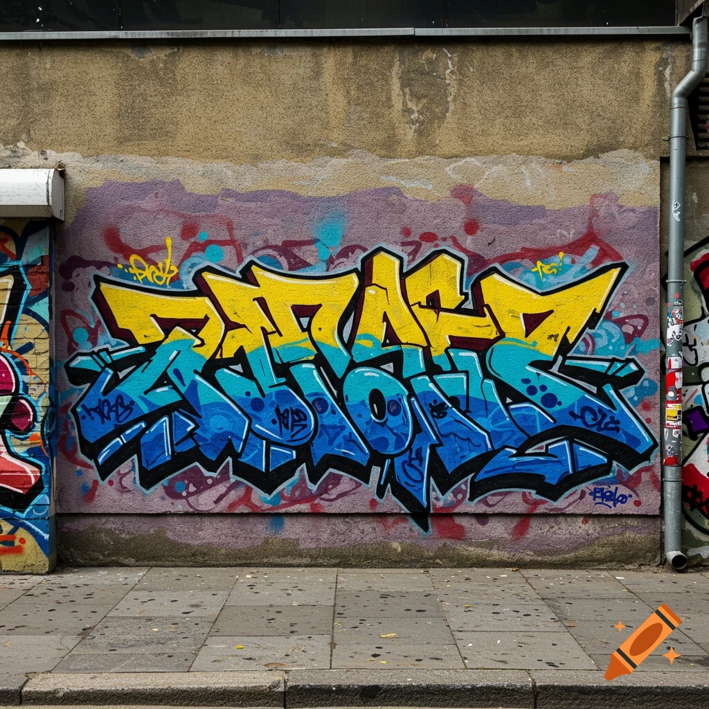 Colorful graffiti in yellow and blue letters covers a purple wall, with ...