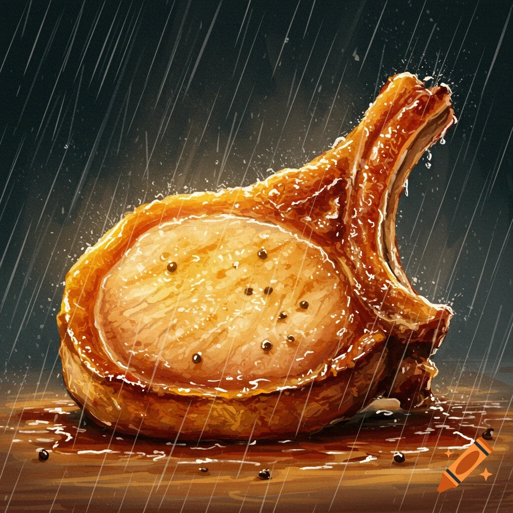 A glistening cooked pork chop stands upright in the rain, with water ...