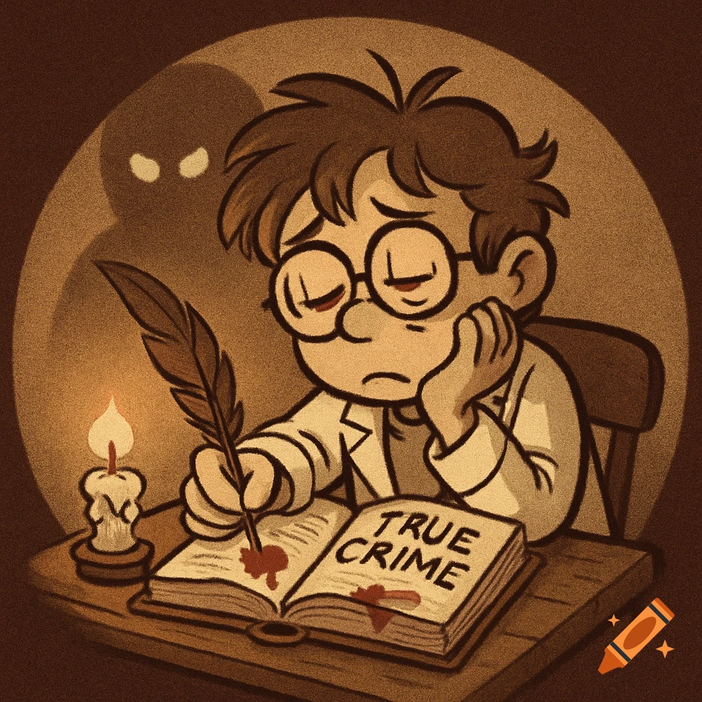 A vintage sepia cartoon of a tired historian writing "TRUE CRIME" in a ...