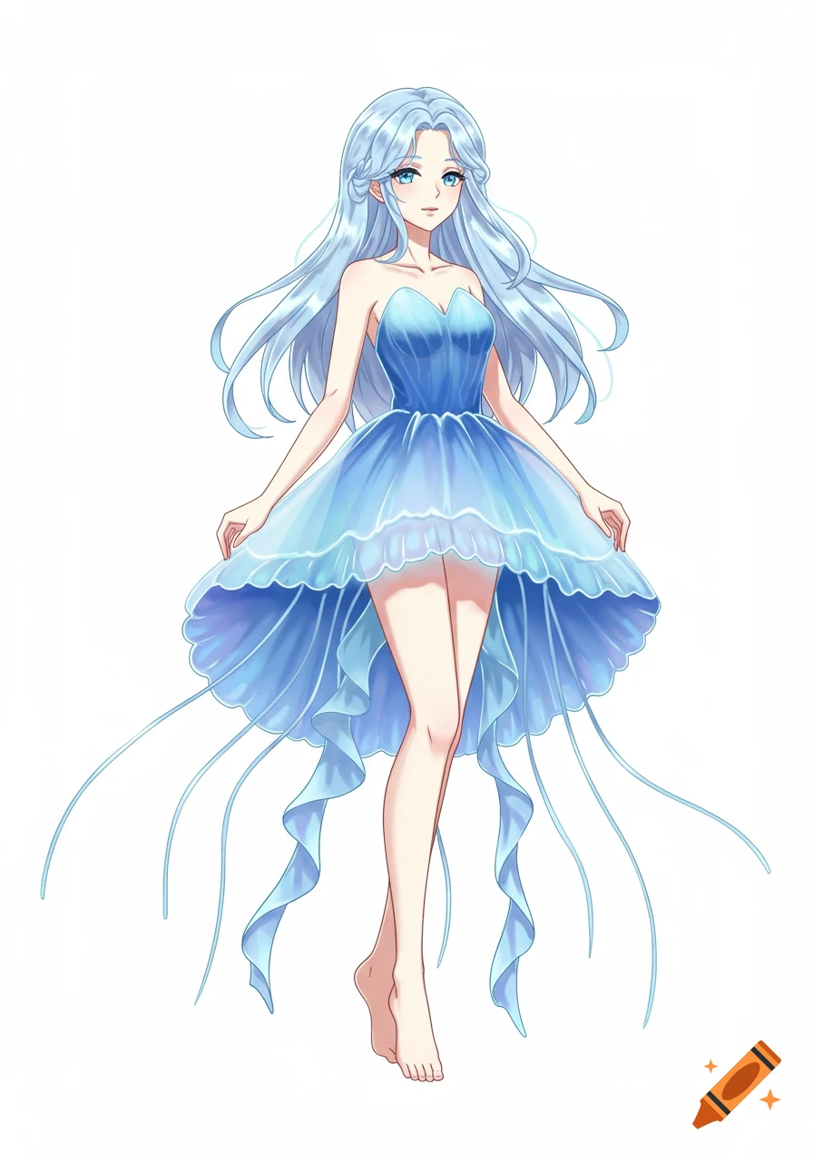 Anime woman in a flowing, translucent blue jellyfish-inspired dress ...