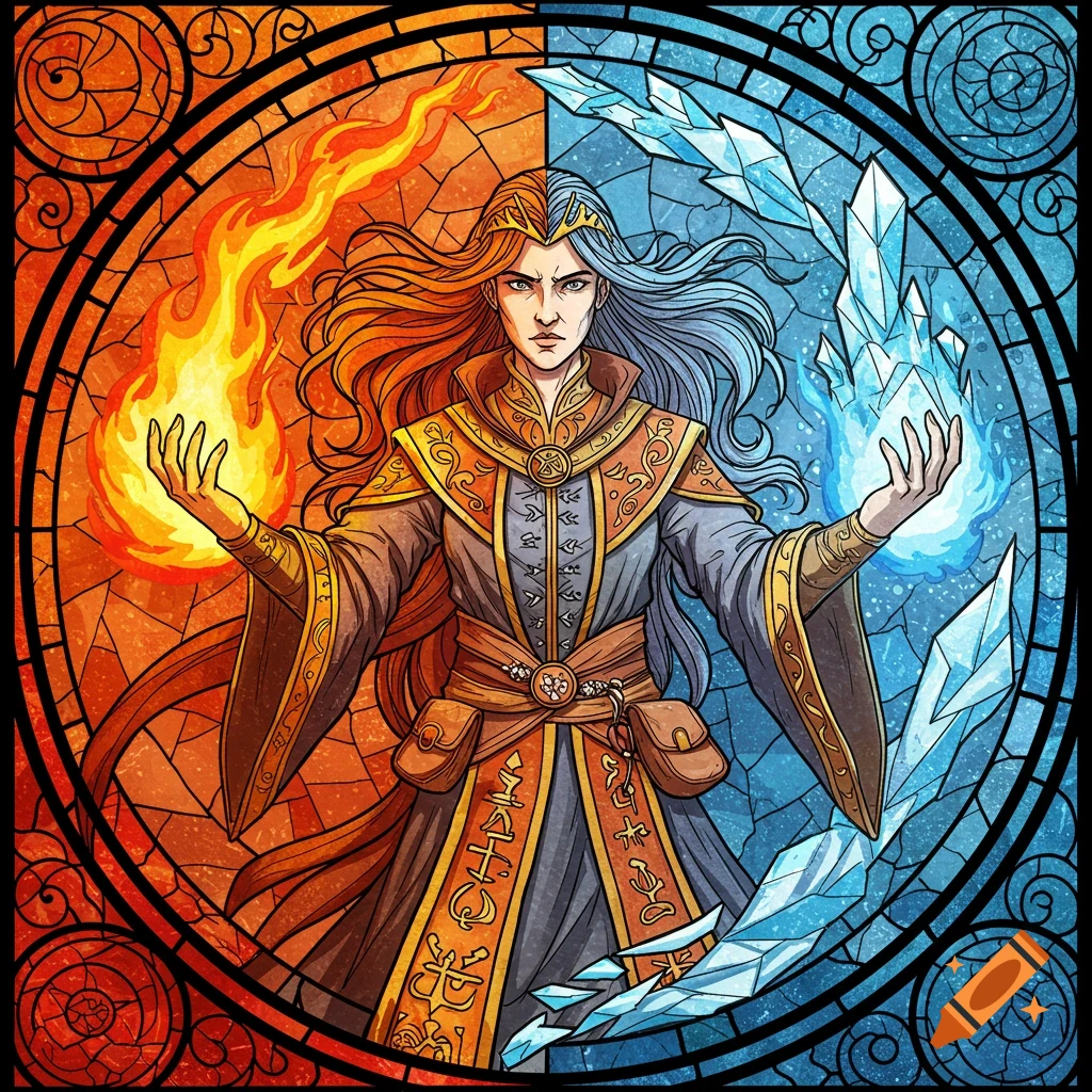 A stylized stained glass illustration of a mage with flowing red and ...