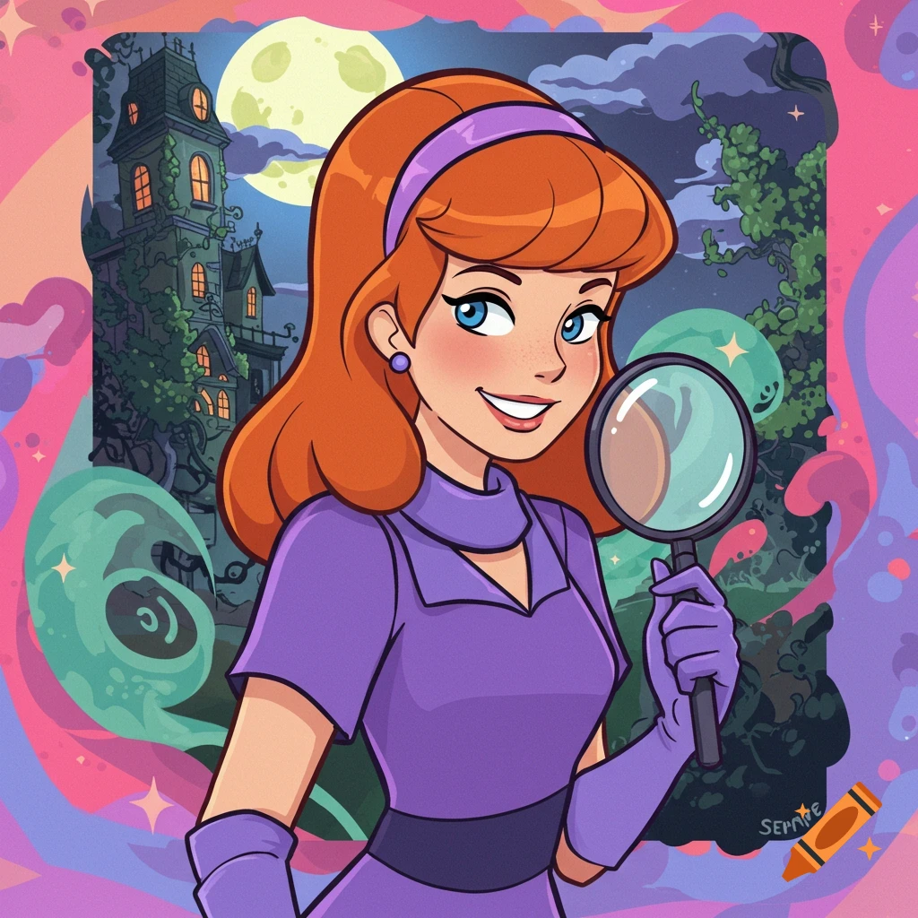 Daphne Blake from Scooby-Doo holds a magnifying glass in front of a ...