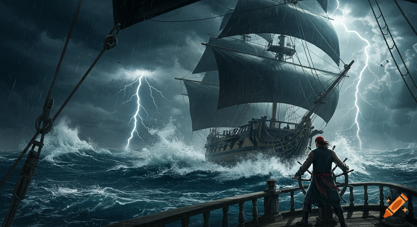 A pirate steering a ship through a fierce lightning storm on a rough ...