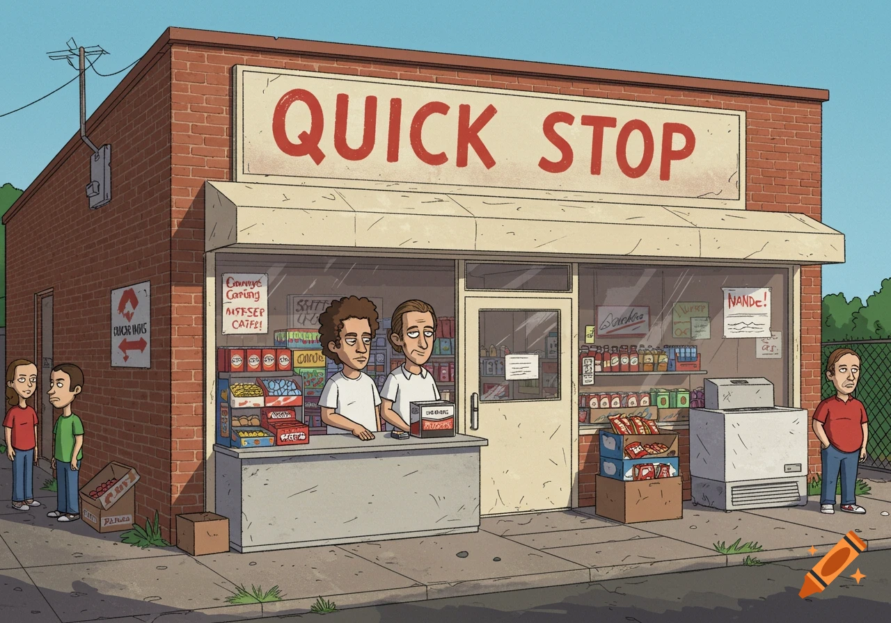 A cartoon depiction of the Quick Stop convenience store from Clerks ...
