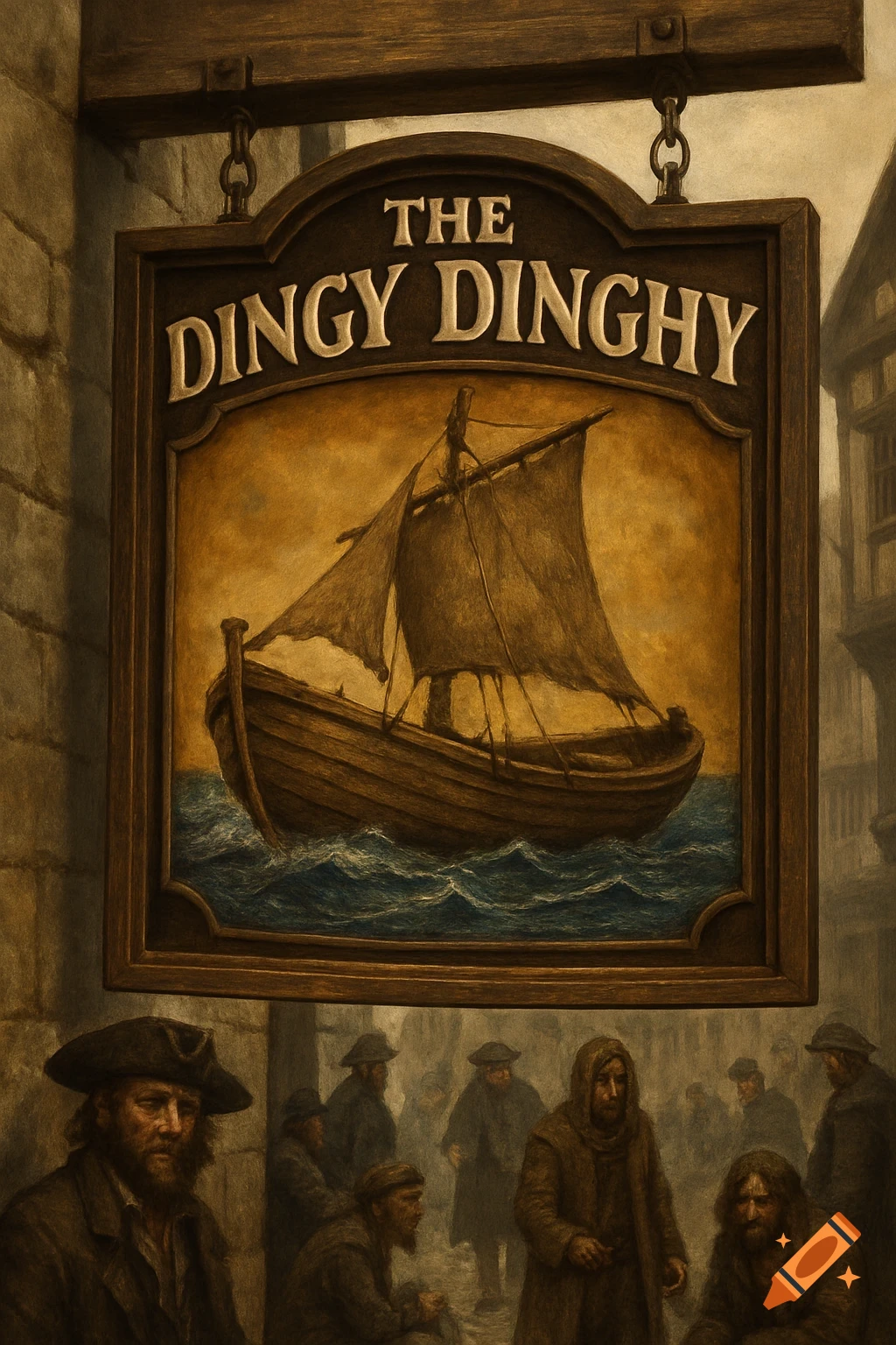A wooden tavern sign for 'The Dingy Dinghy' featuring a boat on waves ...