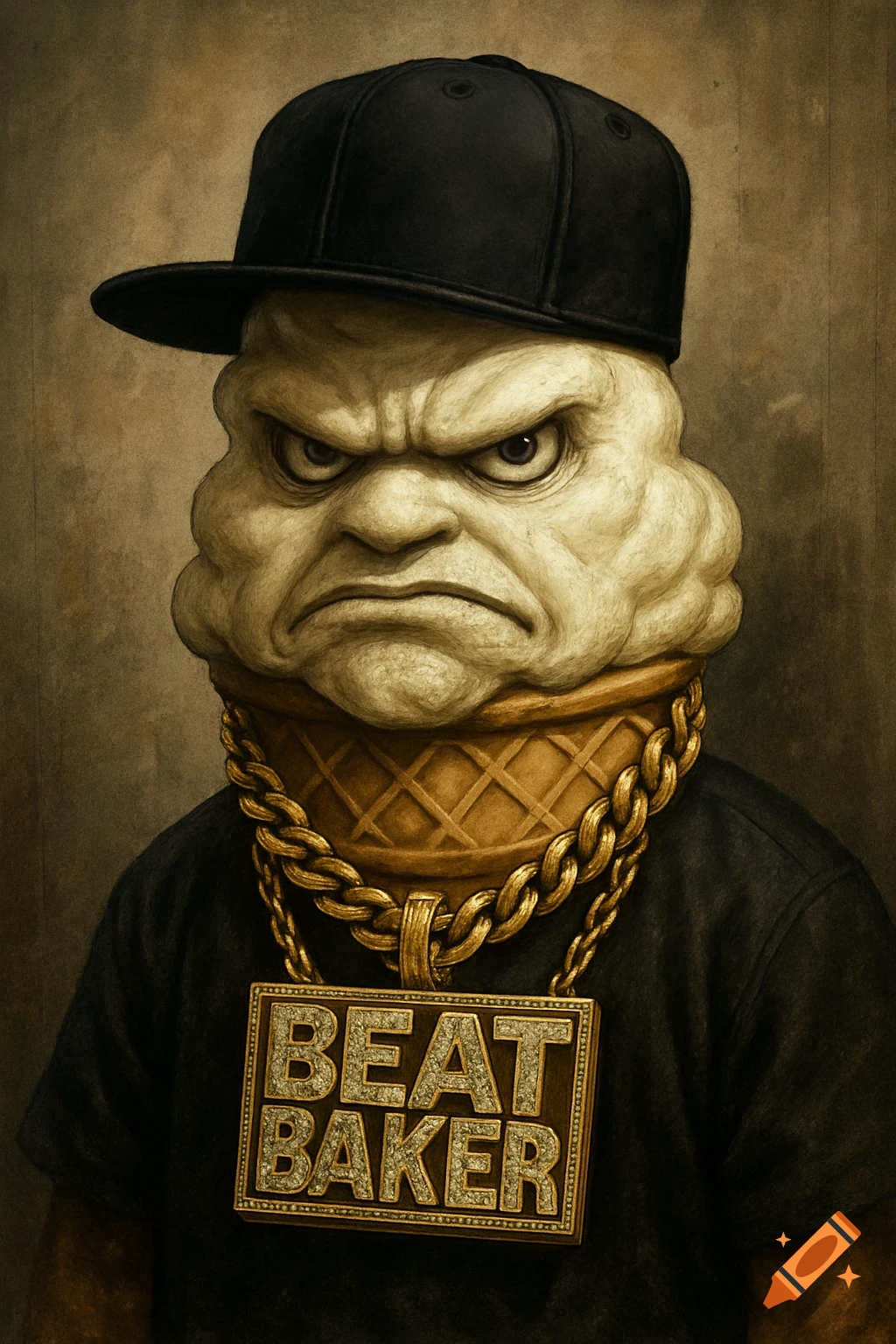 Gritty portrait of an angry ice cream cone character wearing a backward ...