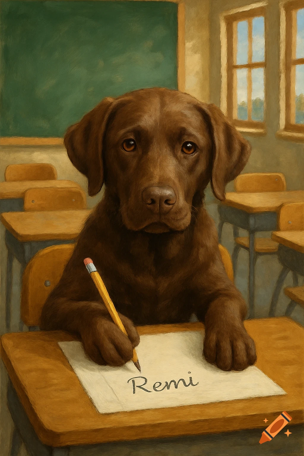 A chocolate Labrador dog sits at a school desk, holding a pencil and ...