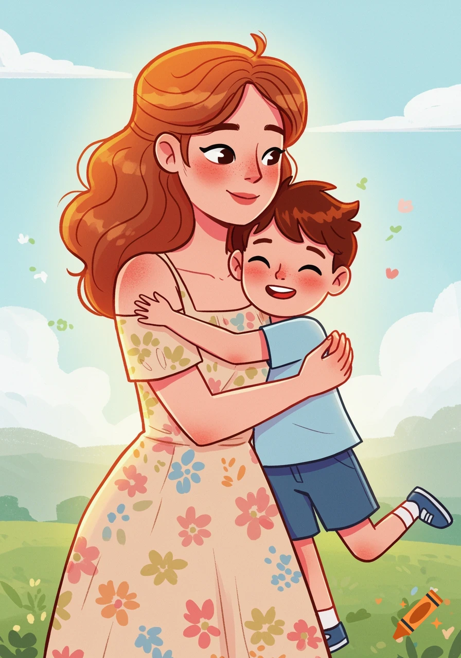 A cartoon illustration of a happy mother embracing her son in a sunny ...