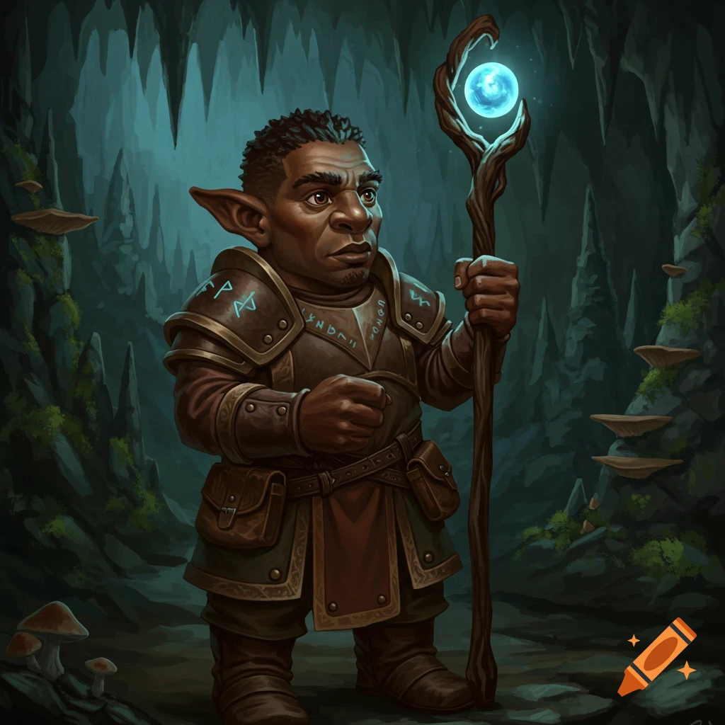 A dark-skinned gnome cleric with large ears and armor stands in a cave ...