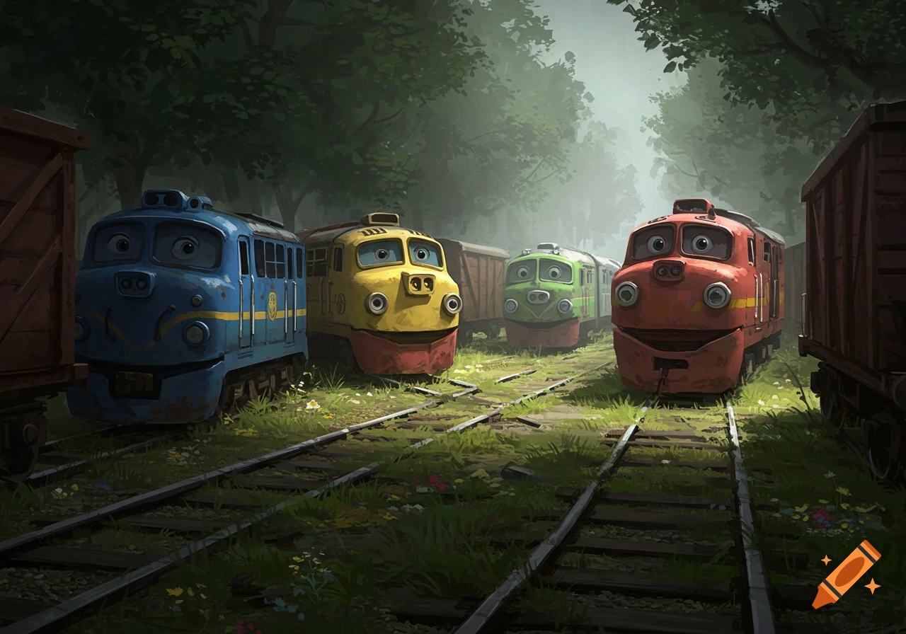 Four anthropomorphic trains, blue, yellow, green, and red, sit on ...