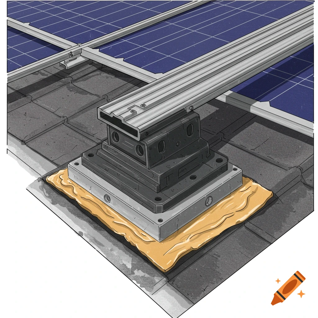 Close-up illustration of a solar panel roof-mount footing with adhesive ...