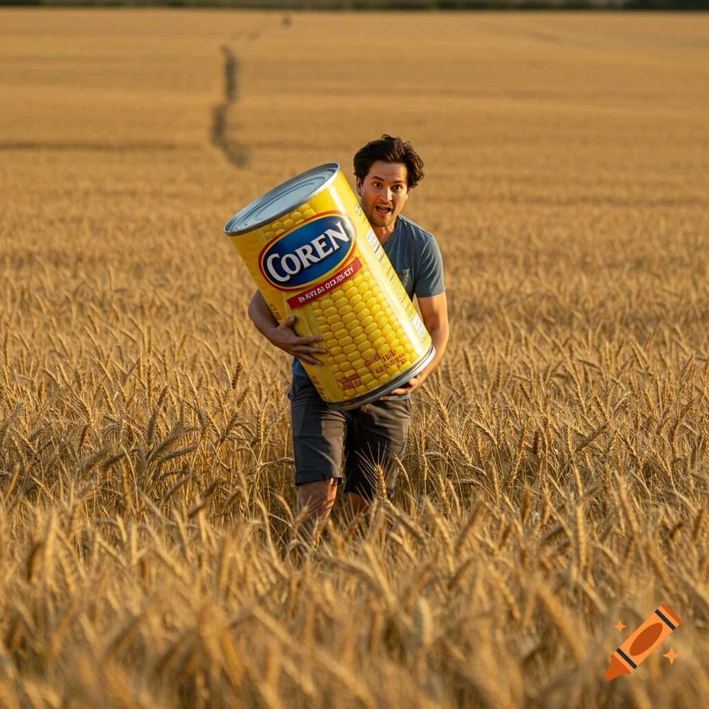 A man holds a giant can of corn in a golden field under a clear sky. on ...