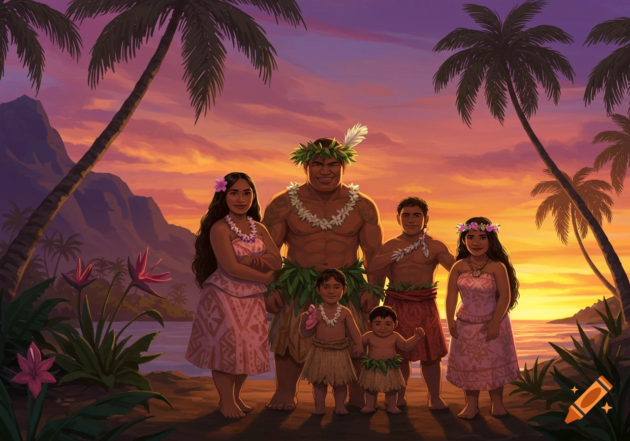 Digital illustration of a Polynesian family (parents and four children ...