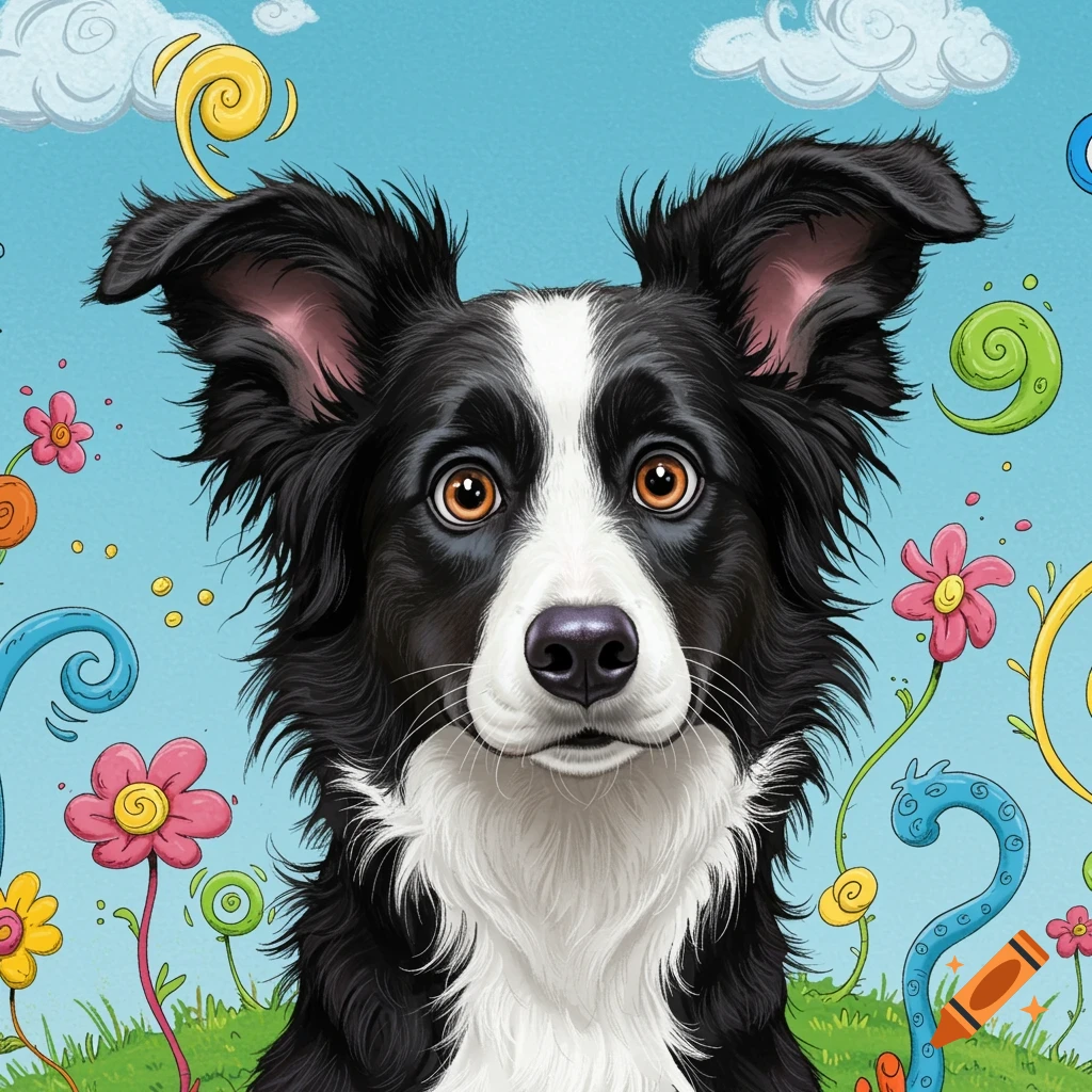 A whimsical, cartoon-style border collie with large eyes in a colorful ...