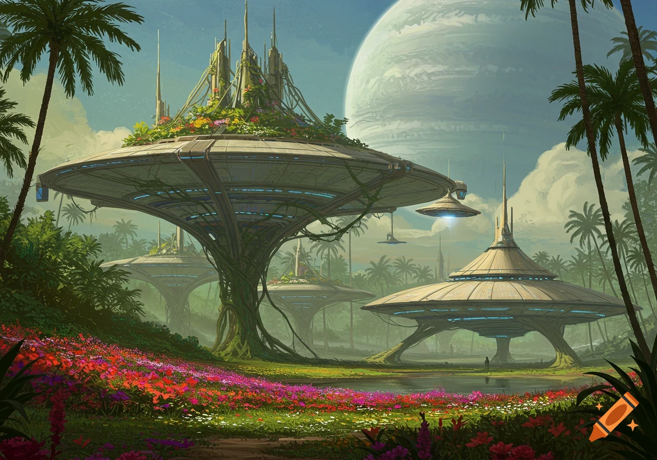 Vibrant alien world with lush tropical foliage, colorful flowers, and ...