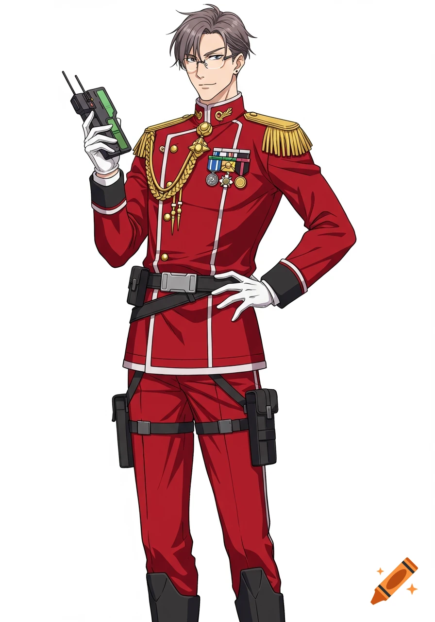 An anime-style male commander in a red military uniform with gold ...
