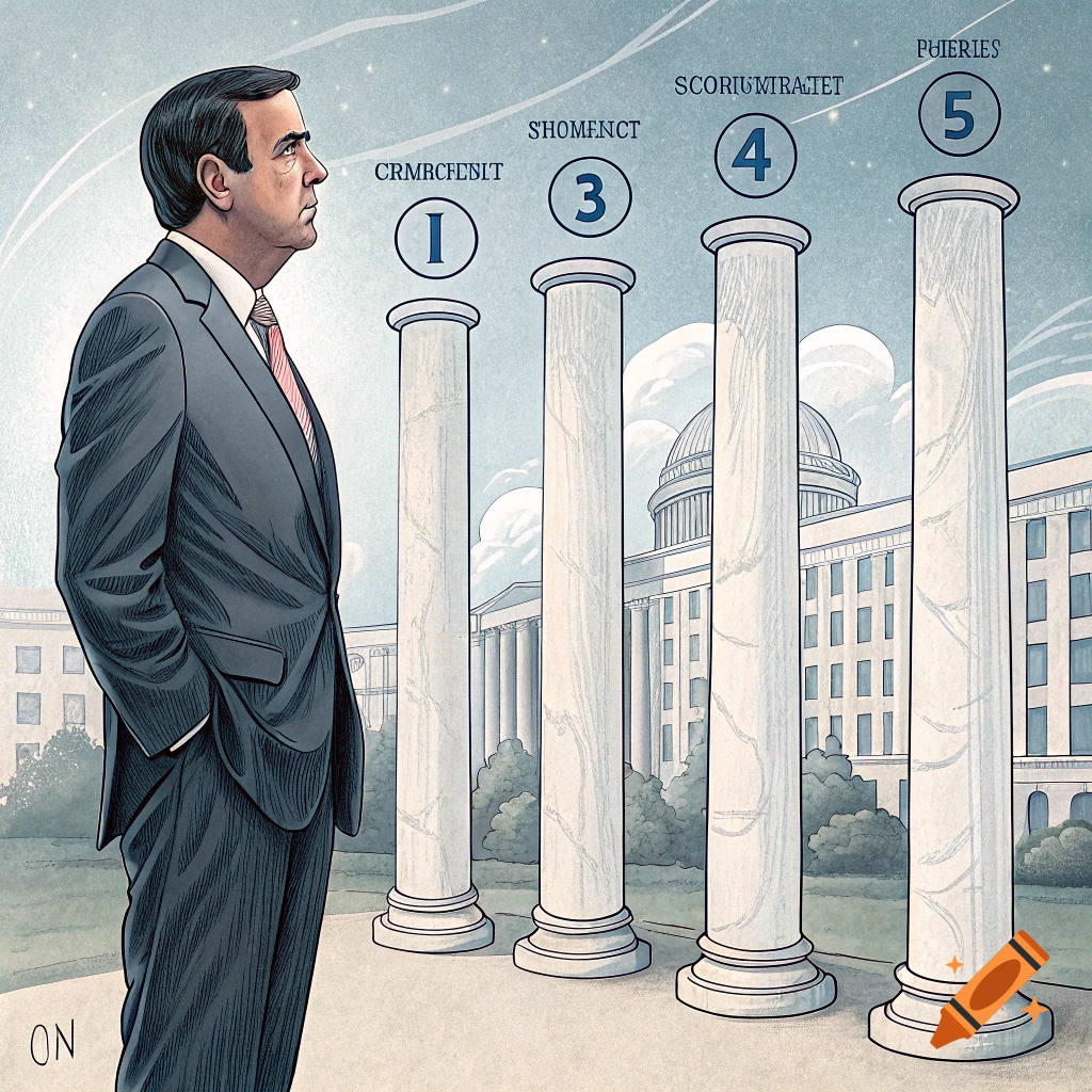 A man in a suit looks at four numbered columns with gibberish text in ...