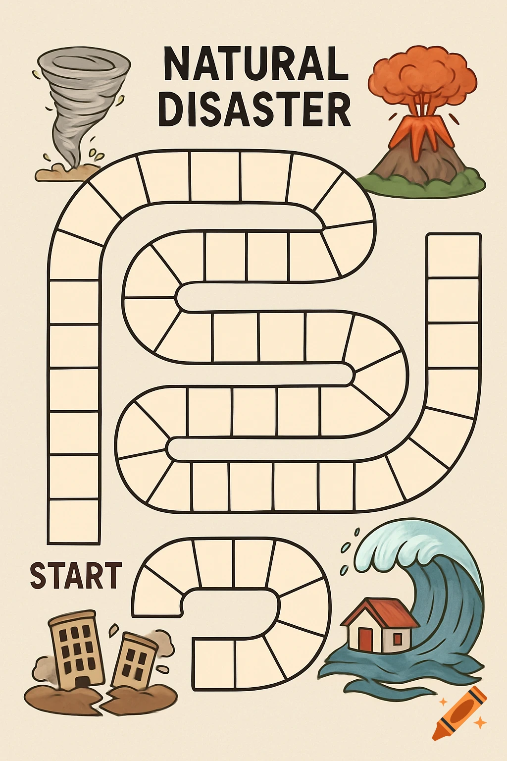 A cartoon natural disaster board game template with a winding path ...