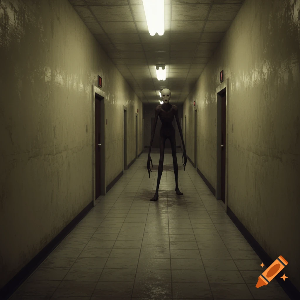 A slender, pale, humanoid creature with long limbs stands in the middle ...