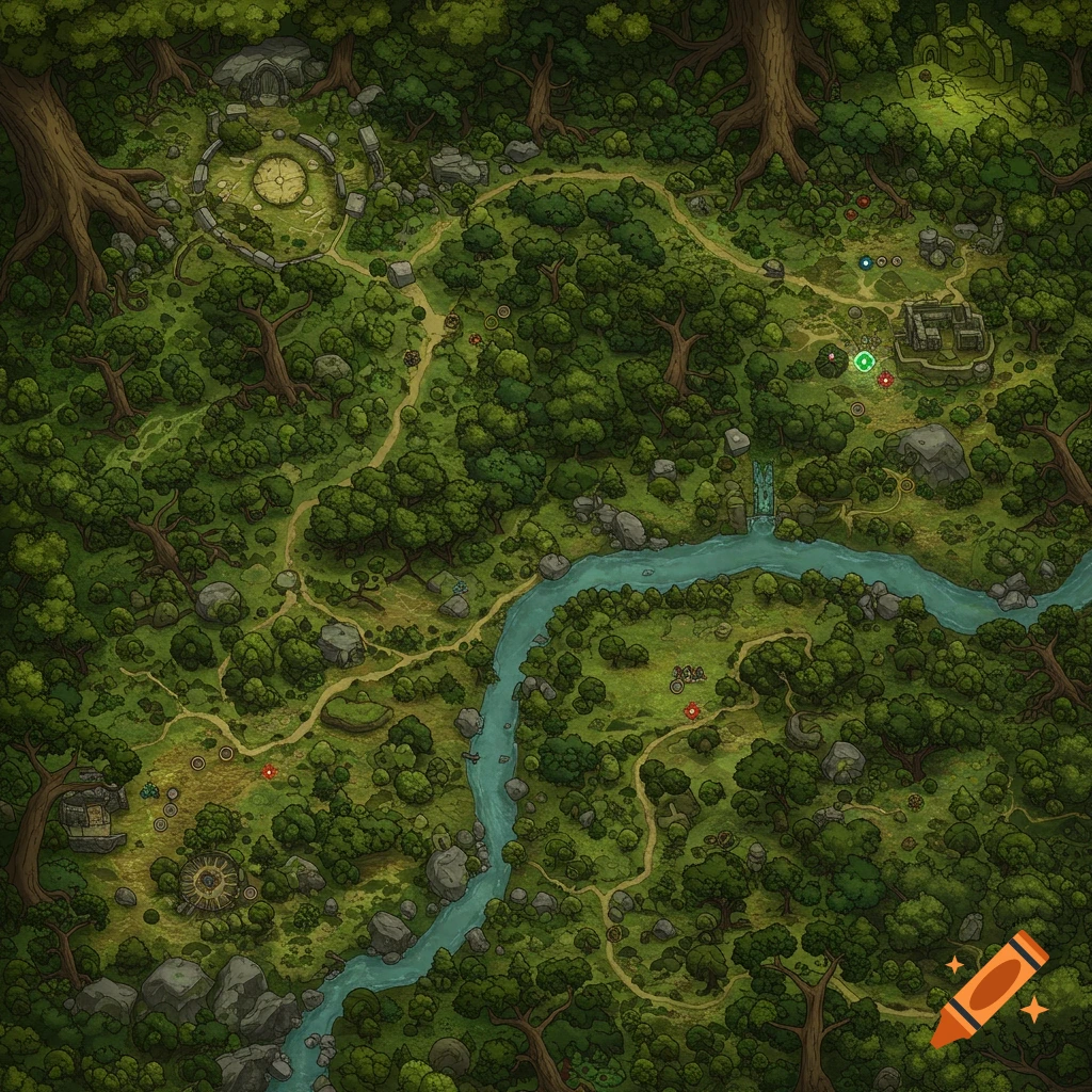 A detailed top-down fantasy battle map of a lush green forest with ...