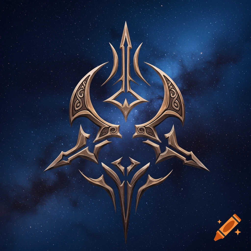 A golden, ornate, stylized symbol with sharp points and curved elements ...